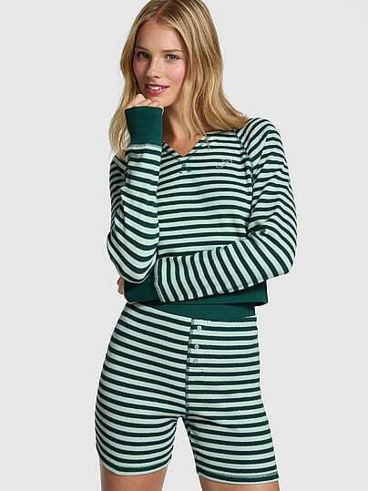 Pink Thermal Knit Pajama Set With Shimmer Detail - Gold