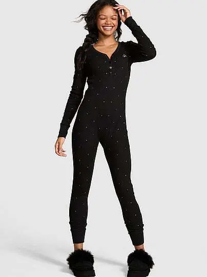 Pink Thermal Onesie And Scrunchie Set - Black