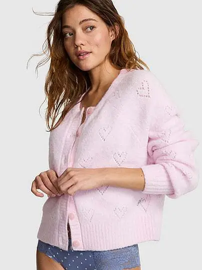 Pink Relaxed Fit Pointelle Cardigan - Pink