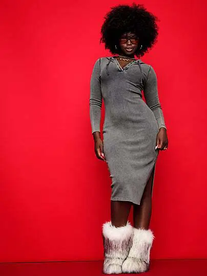 Pink Ribbed Henley Hoodie Midi Dress