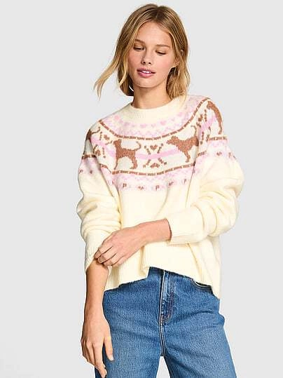 Pink Boxy Crewneck Sweater With Graphic Detail - Beige
