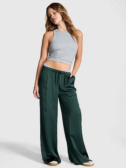 Pink Satin Wide Leg Trousers - Green