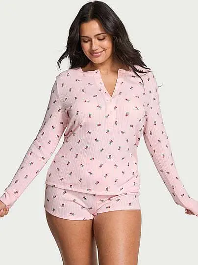 Victoria's Secret Cozy Pointelle Henley Short Pajama Set - Print