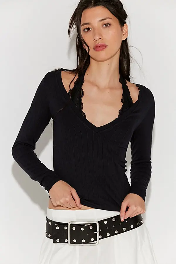 Free People Seamless Modal V-neck Long Sleeve Top - Black