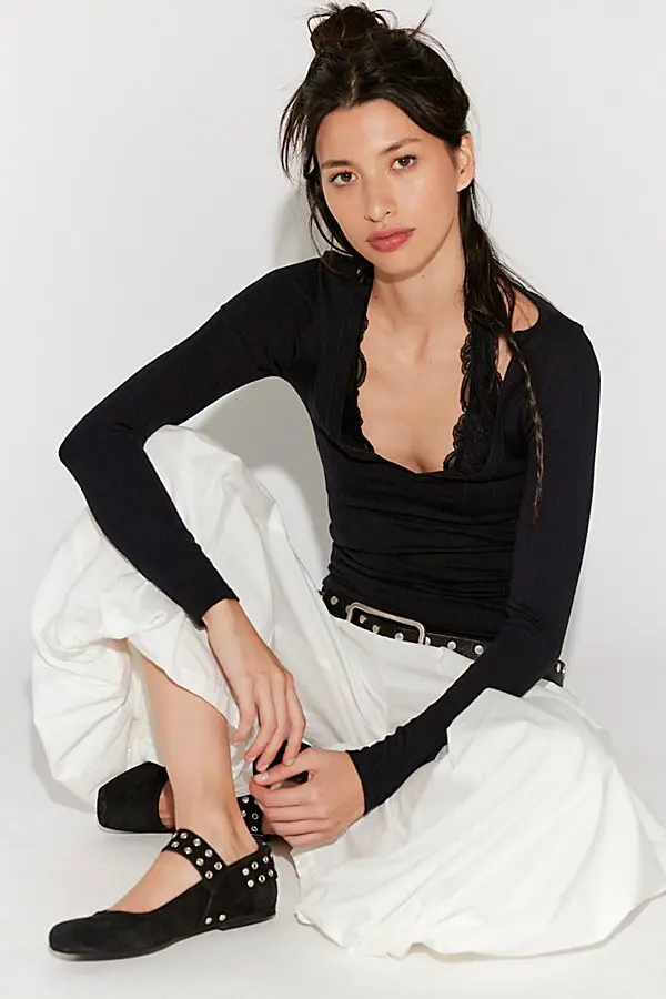 Free People Seamless Modal V-neck Long Sleeve Top - Black