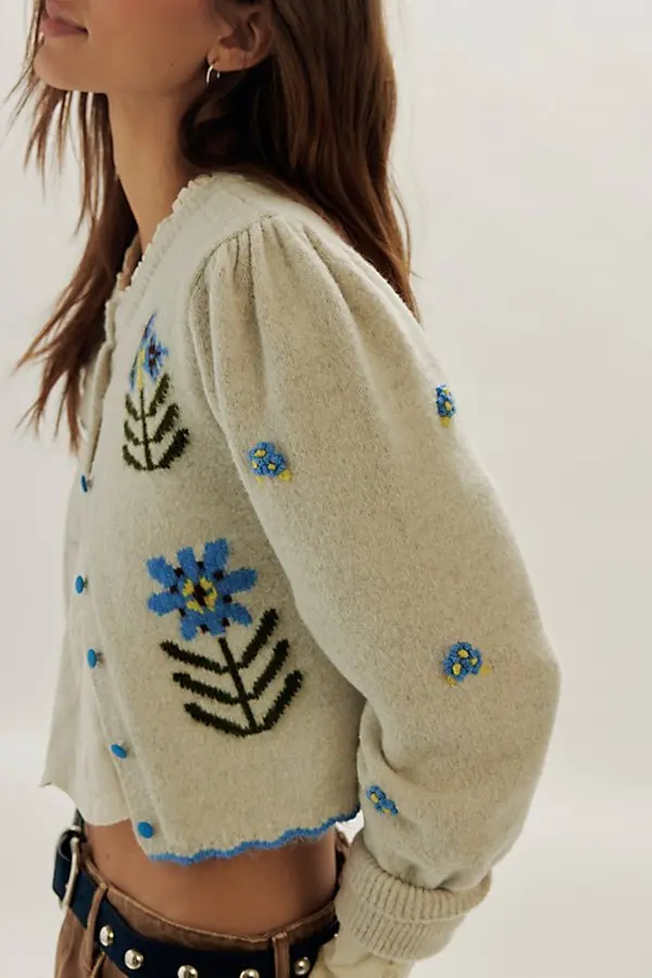 Free People Nonna Knit Cardigan - Light Heather Grey Combo