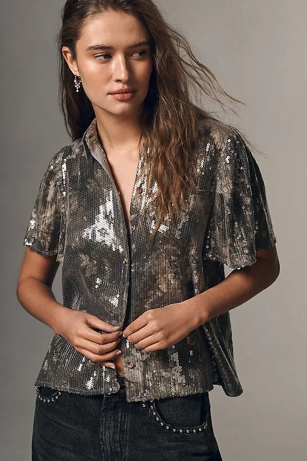 PILCRO Short-sleeve Sequin Buttondown Blouse