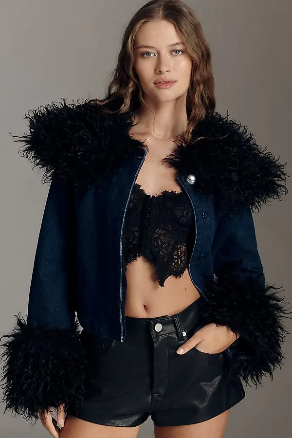 TT STUDIOS Kimmy Faux Fur Trim Crop Jacket - Dark Denim