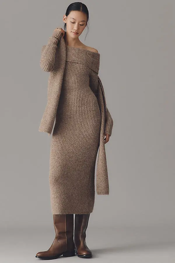 beige off shoulder sweater dress Love Story Off Shoulder Maxi Dress main image 1