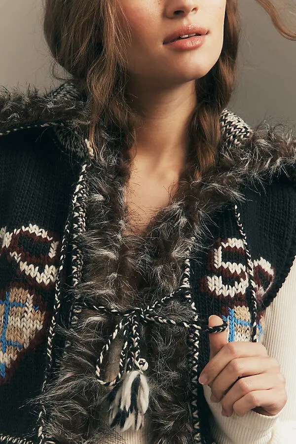 MANDINGA Hand-finished Sweater Vest With Faux-fur Trim - Black Pattern