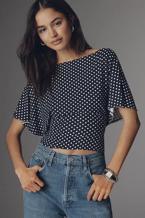 REFORMATION Avery Knit Flutter Sleeve Top - Blue Dot
