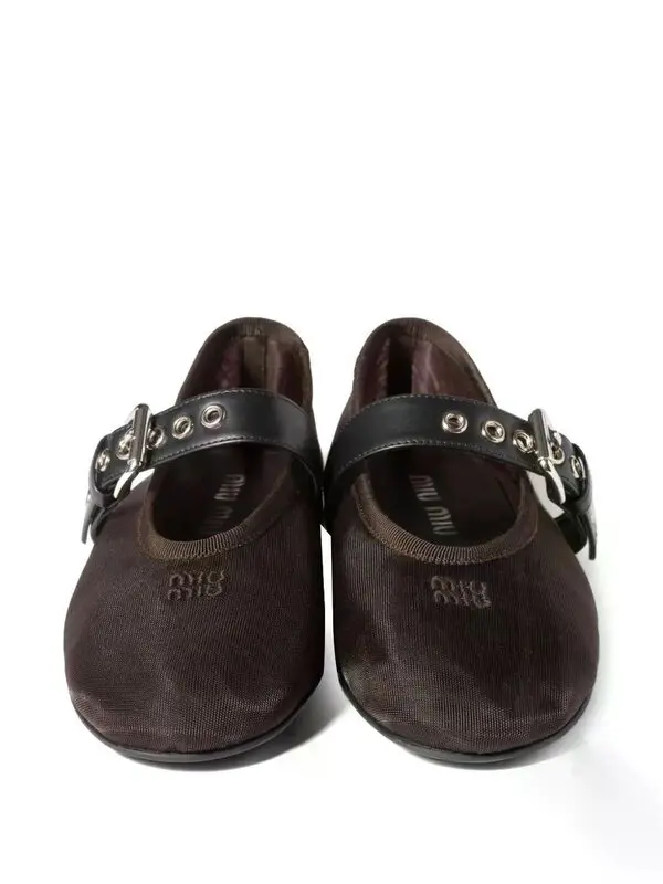 Miu Miu Embroidered Logo Buckle Ballet Flats - Brown