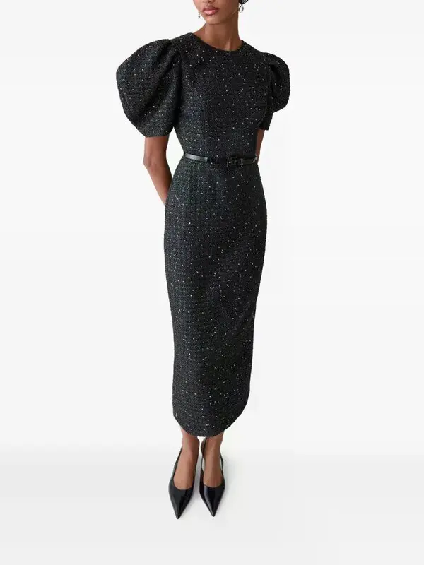 Carolina Herrera Tweed Puff-sleeve Midi Dress