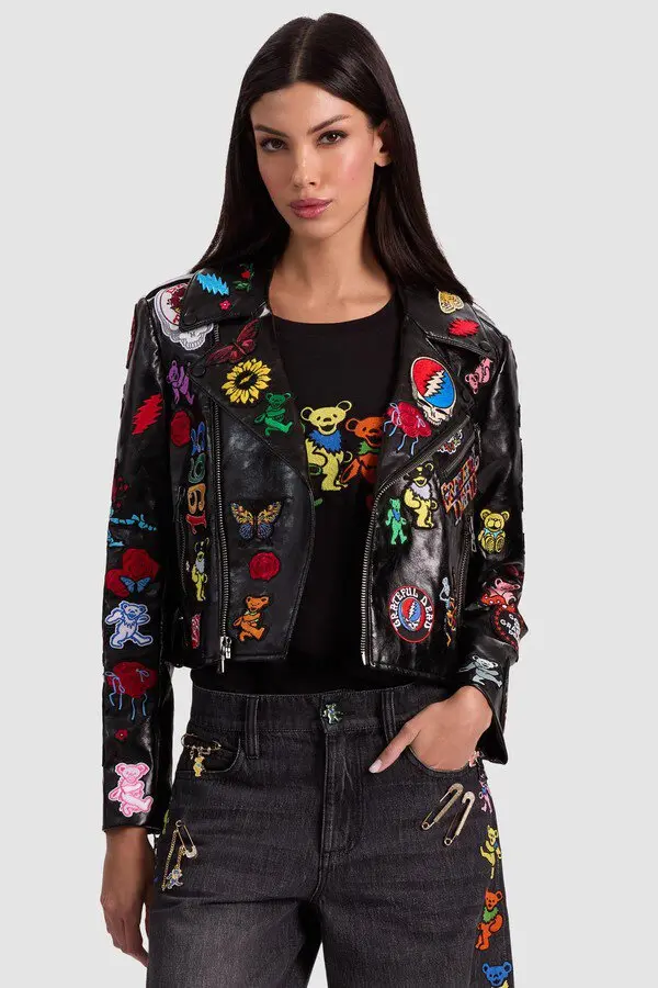 Alice + Olivia X Grateful Dead Cody Vegan Leather Moto Jacket In