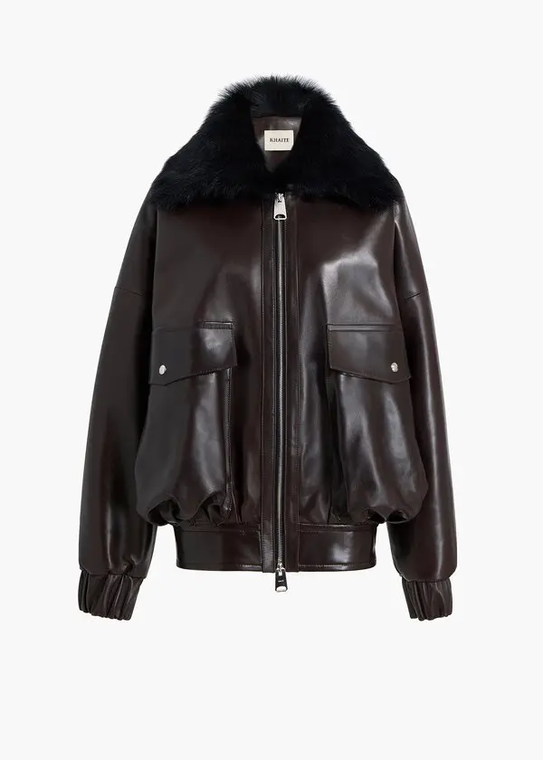 Khaite Daemon Leather Jacket With Shearling Collar - Mud