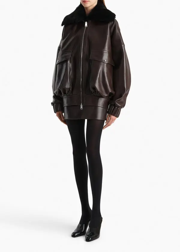 Khaite Daemon Leather Jacket With Shearling Collar - Mud
