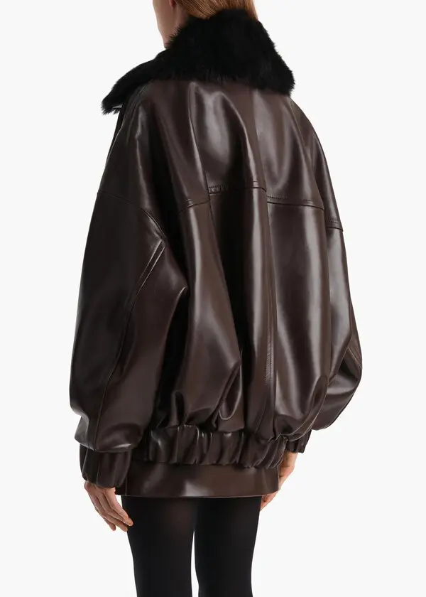 Khaite Daemon Leather Jacket With Shearling Collar - Mud