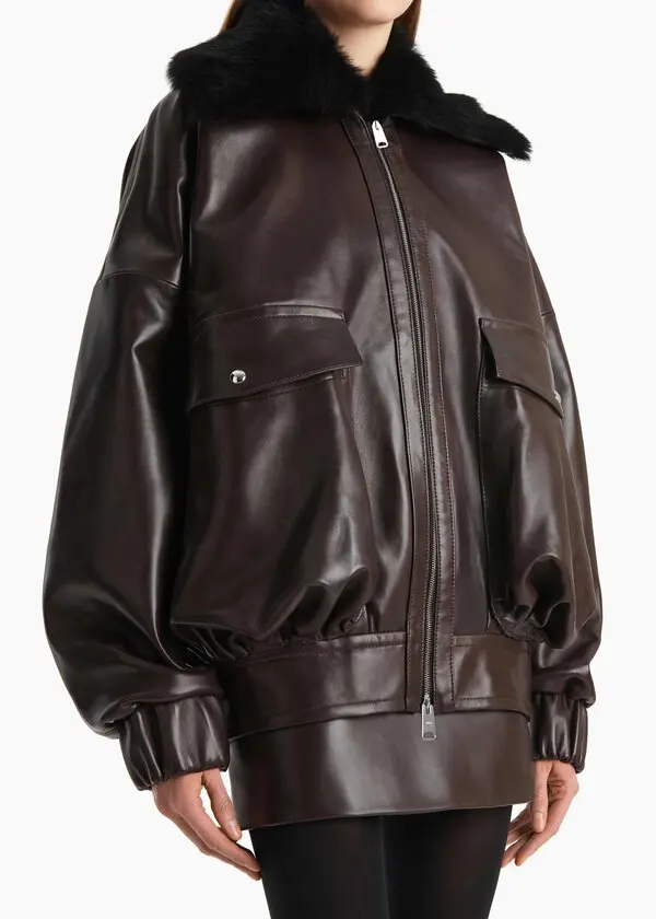 Khaite Daemon Leather Jacket With Shearling Collar - Mud