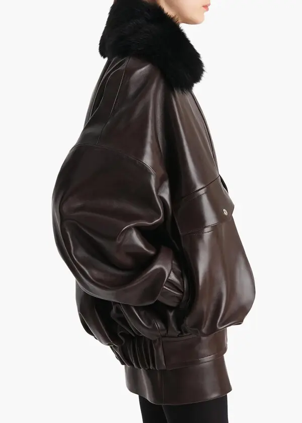 Khaite Daemon Leather Jacket With Shearling Collar - Mud