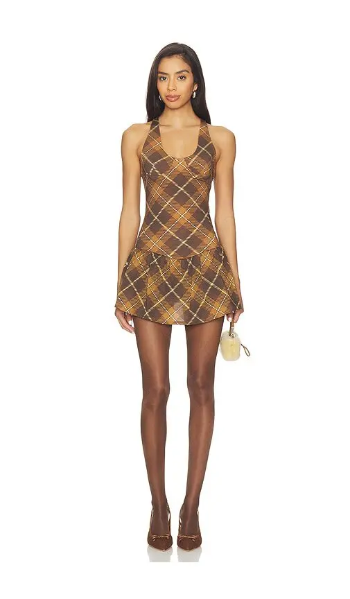 Miaou Plaid Halterneck Mini Dress - Brown
