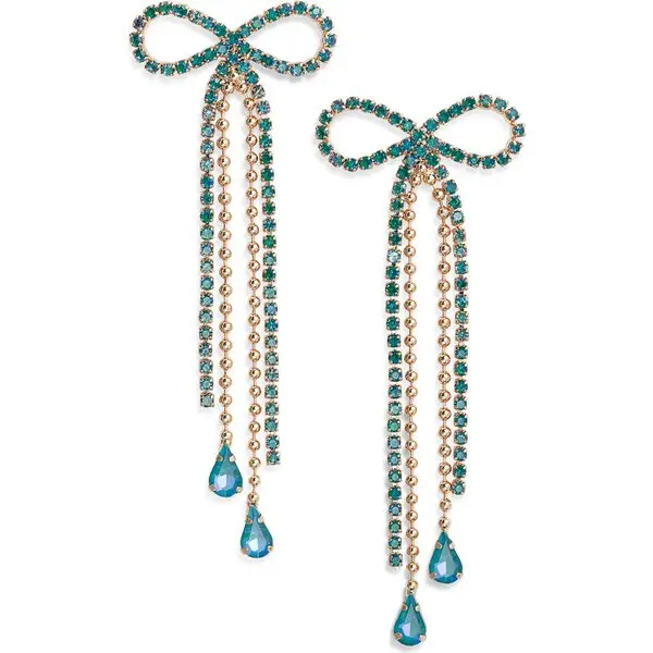 OPEN EDIT Stone Crystal Bow Drop Earrings - Emerald- Gold