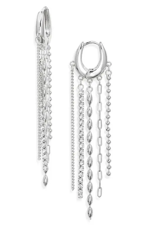 OPEN EDIT Mixed Chain Fringe Huggie Hoop Earrings - Clear- Silver