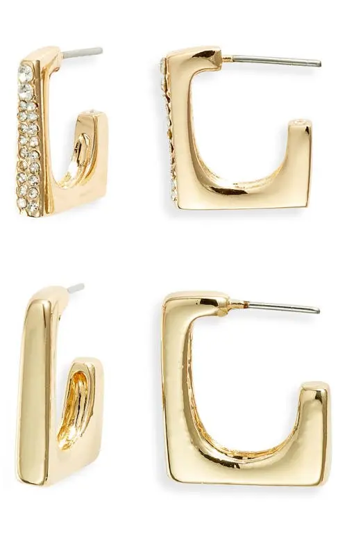 OPEN EDIT Set Of Squared Hoop Earrings - Clear- Gold
