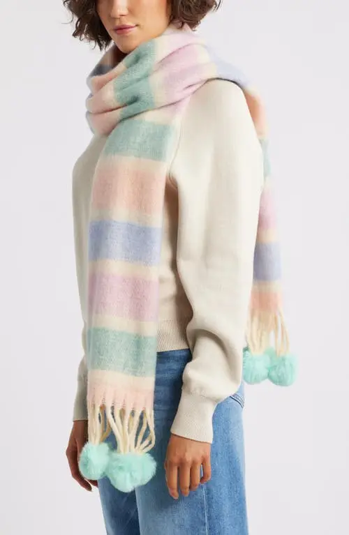 Tasha Pastel Stripe Scarf With Faux Fur Pom Fringe - Pastel Multi