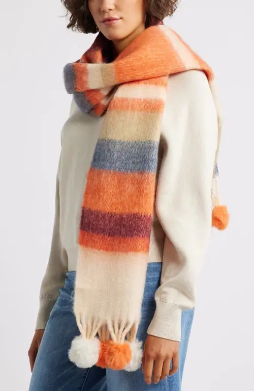 Tasha Stripe Scarf With Faux Fur Pom Fringe