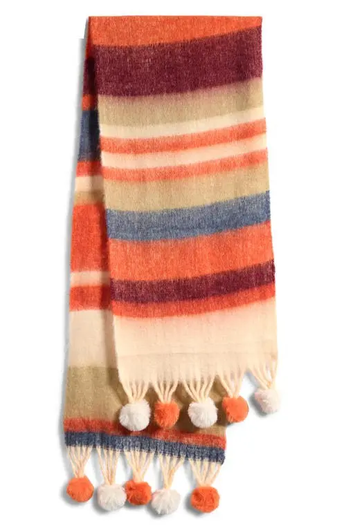 Tasha Stripe Scarf With Faux Fur Pom Fringe