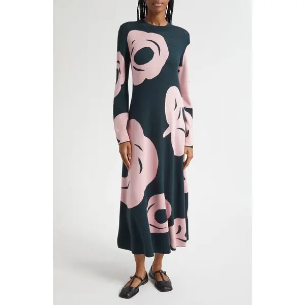 Marimekko Floral Long-sleeve Sweater Dress - Dark Green/ Light Pink