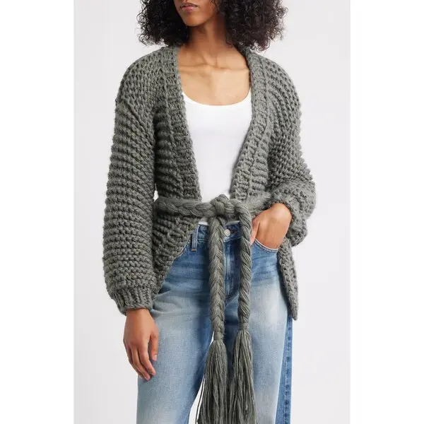ROFFE ACCESSORIES Chunky Knit Cardigan With Belt - Sage