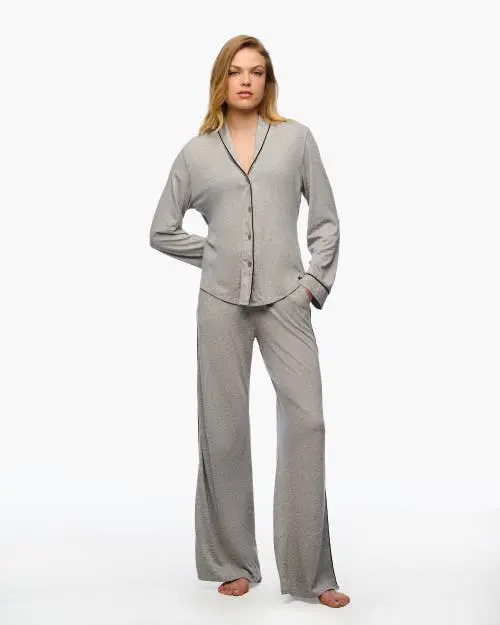 Cosabella Pima Lusso Ls Top And Pj Set - Heather Gray/black