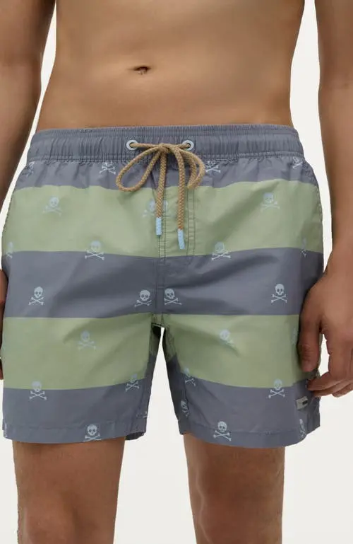 SCALPERS Striped Skull Swim Trunks - Greyish Blue