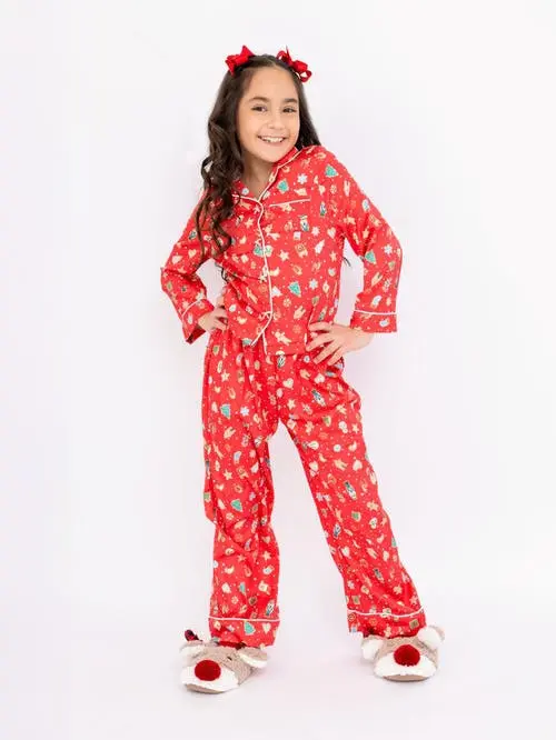 PREPPY GOOSE Christmas Cookie Satin Long Sleeve Pajama Pant Set - Red