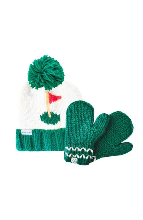 BITS & BOWS Knit Beanie And Mitten Set - Green/red