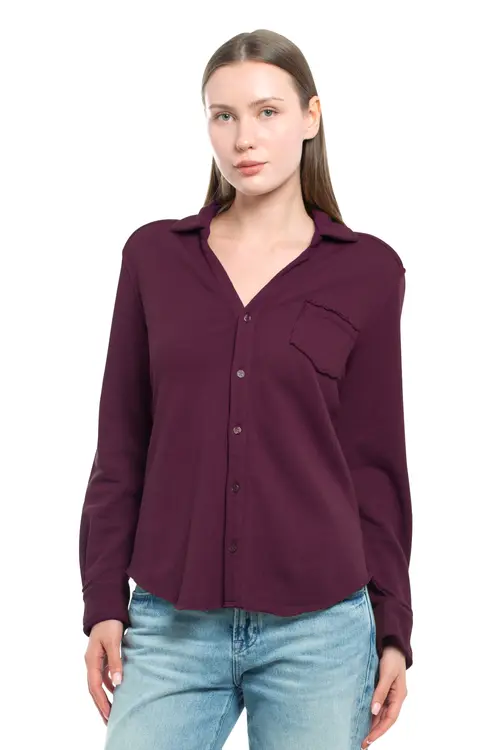 WILT CLOTHING Button Front Sweatshirt With Patch Pocket - Dark Fig