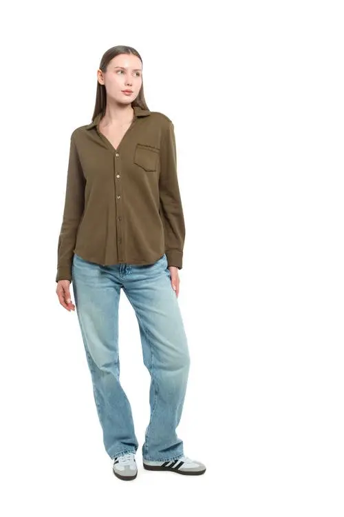 WILT CLOTHING Button Front Sweatshirt With Patch Pocket - Dark Fig