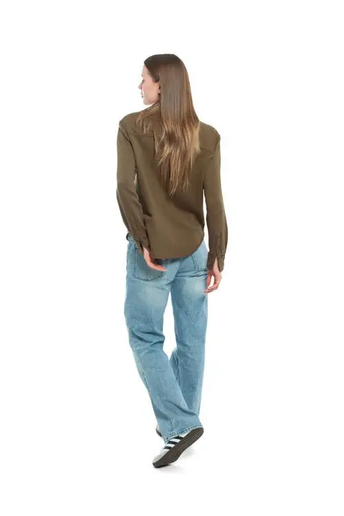 WILT CLOTHING Button Front Sweatshirt With Patch Pocket - Dark Fig