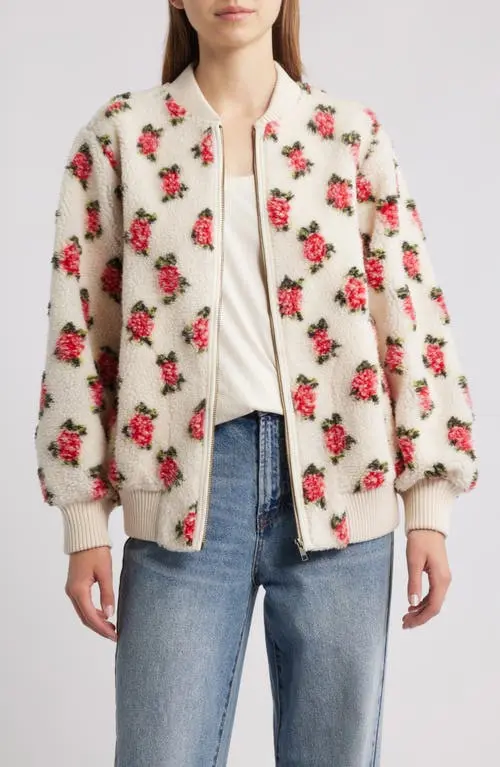 The Great. Floral Fleece Bomber Jacket - Cream Rose