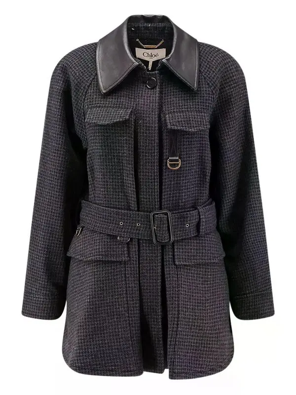 Chloé Houndstooth Trench With Leather Collar