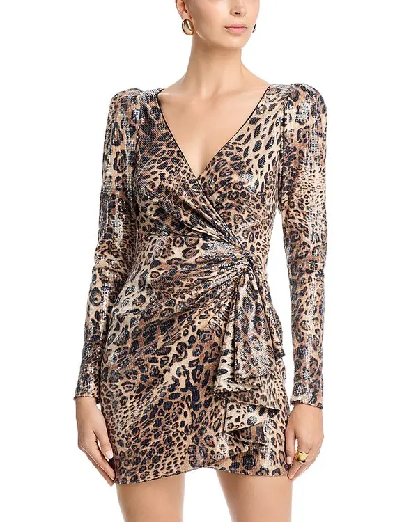 Aqua X Salvo Rizza Sequined Animal Print Mini Dress - Leopard