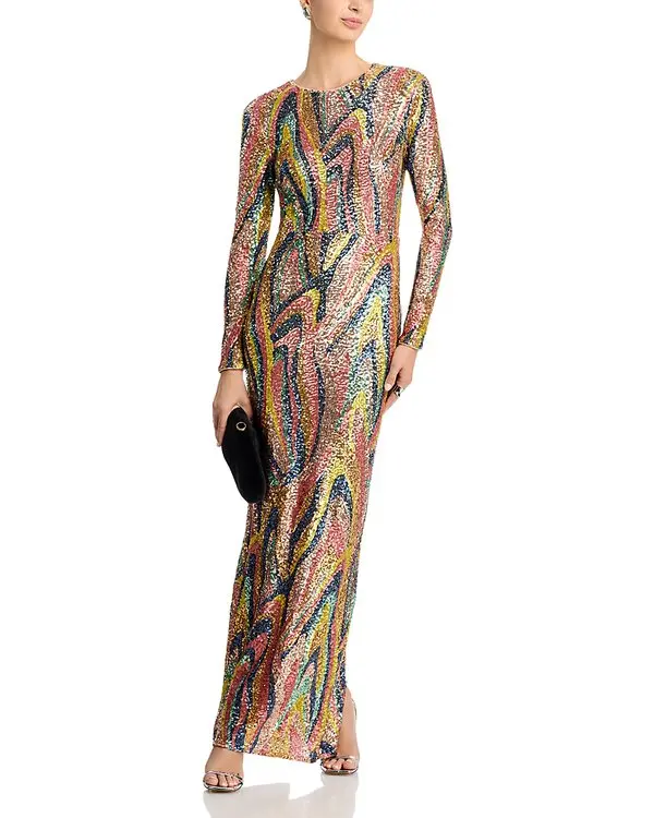 Aqua Long Sleeve Sequin Swirl Maxi Dress