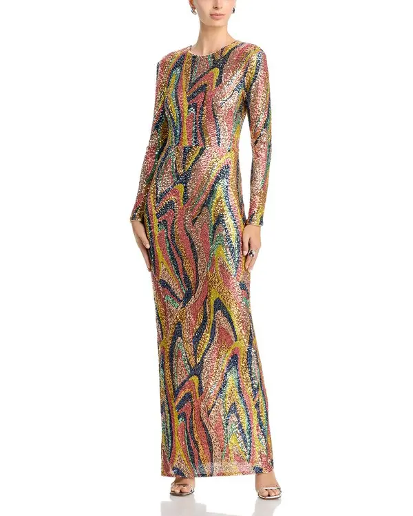 Aqua Long Sleeve Sequin Swirl Maxi Dress