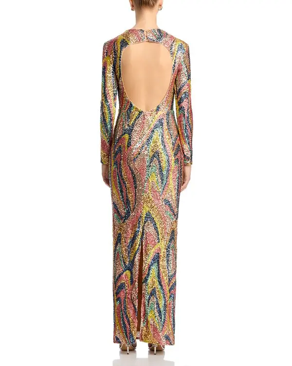 Aqua Long Sleeve Sequin Swirl Maxi Dress