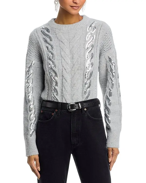 Aqua Sequin Cable Knit Crewneck Sweater