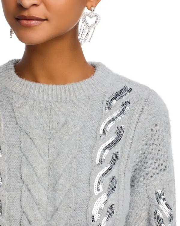 Aqua Sequin Cable Knit Crewneck Sweater