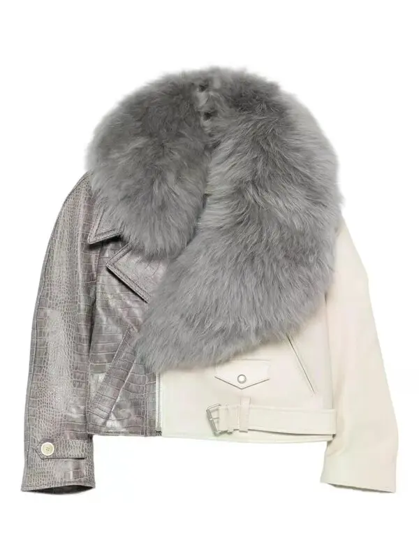 Marni Reptile-effect Jacket With Fur Collar - Grey