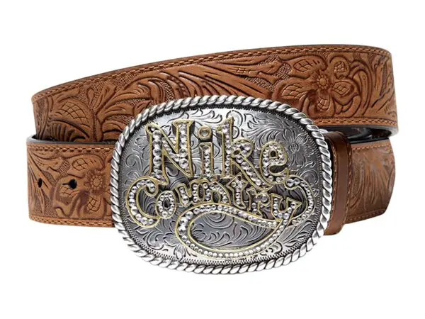 Nike Country Rhinestone Plaque Buckle Leather Belt - Tan/beige