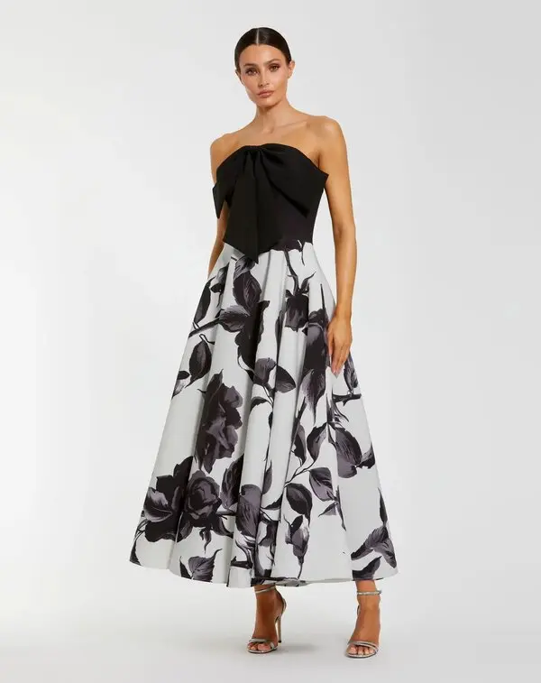 Mac Duggal Floral Print Strapless Midi Dress With Bow - Black Multi